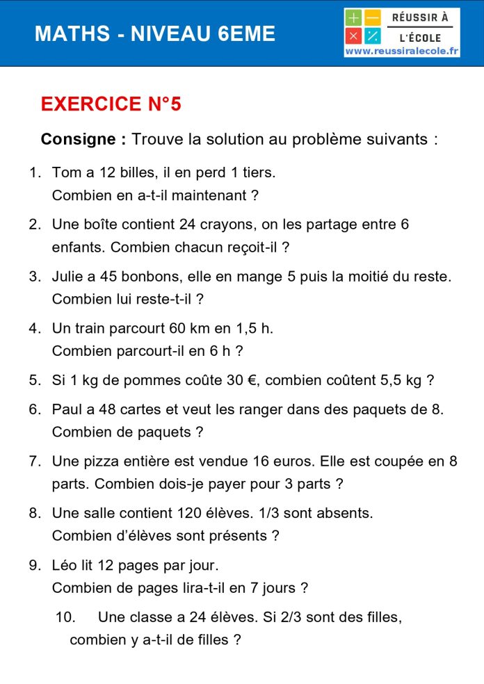 Exercice de Math 6ème avec Correction (PDF)