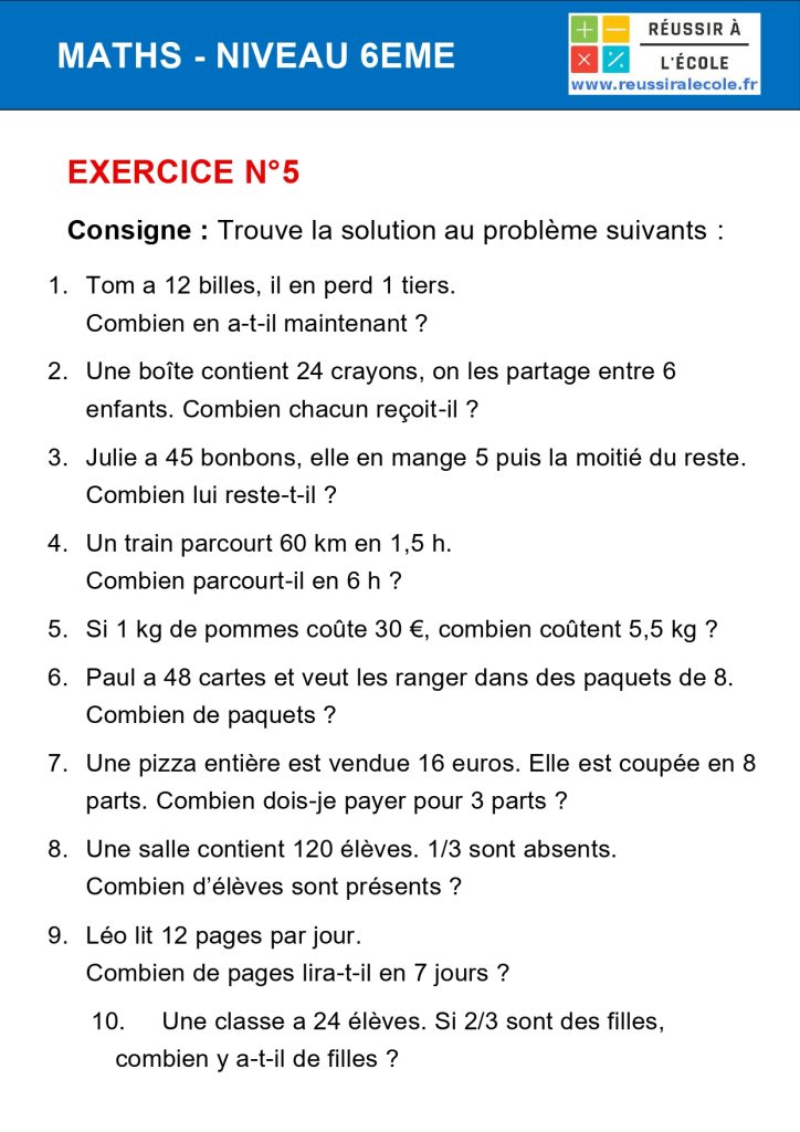 Exercice de Math 6ème avec Correction (PDF)