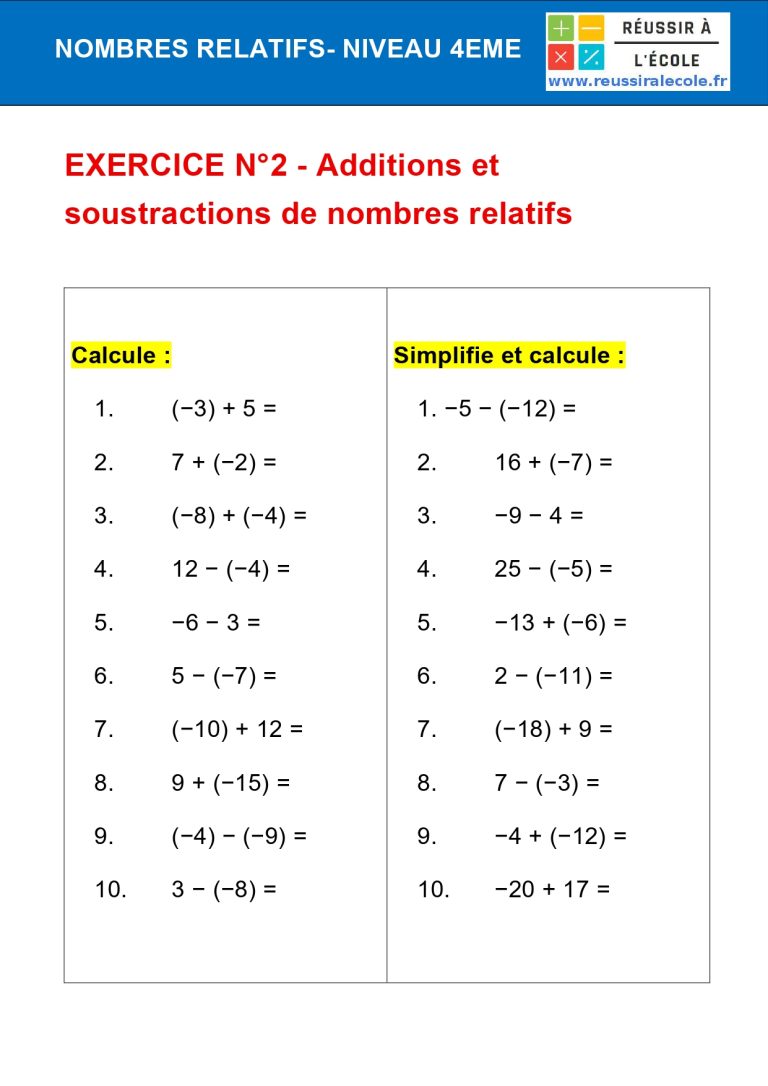 Exercice Nombre Relatif 4ème avec correction (PDF à imprimer)
