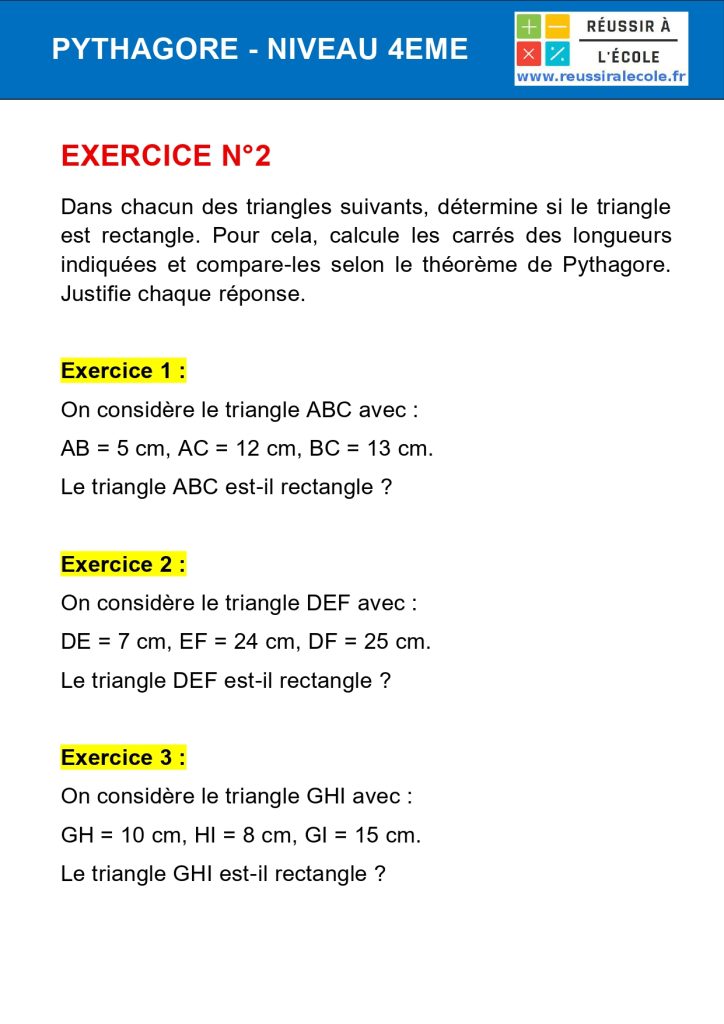 Exercice Pythagore 4ème : 40 questions avec correction (PDF)
