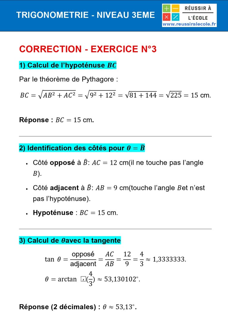 Exercice Trigonométrie 3ème avec corrigé PDF à imprimer